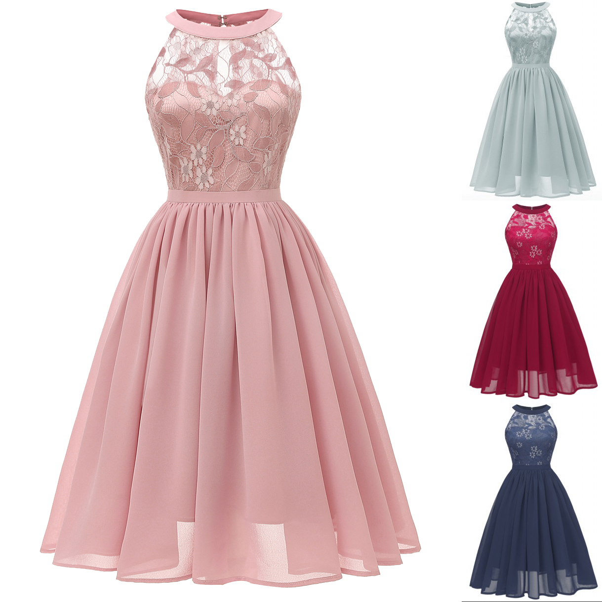 Women Chiffon Dress Sleeveless Lace Patchwork A Line Rockabilly Work ...